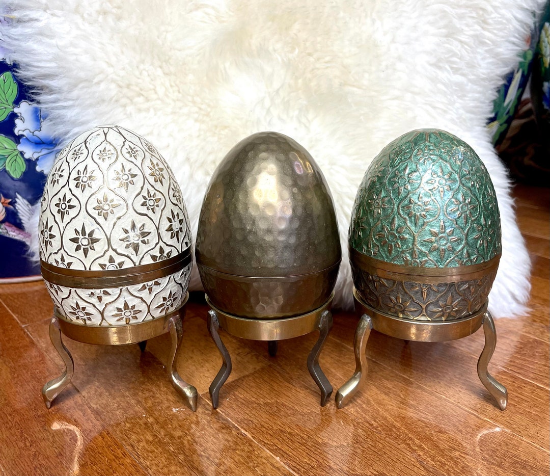 Vintage Large Brass Egg on Stand...brass Egg Box...enameled Brass Egg ...
