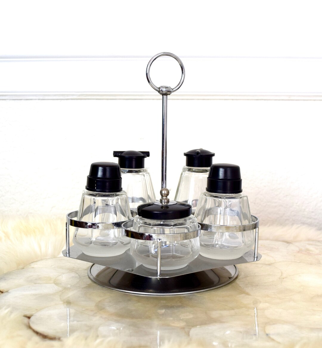 Vintage Cruet Set...mid Century Cruet Set...stainless and Cut Glass ...
