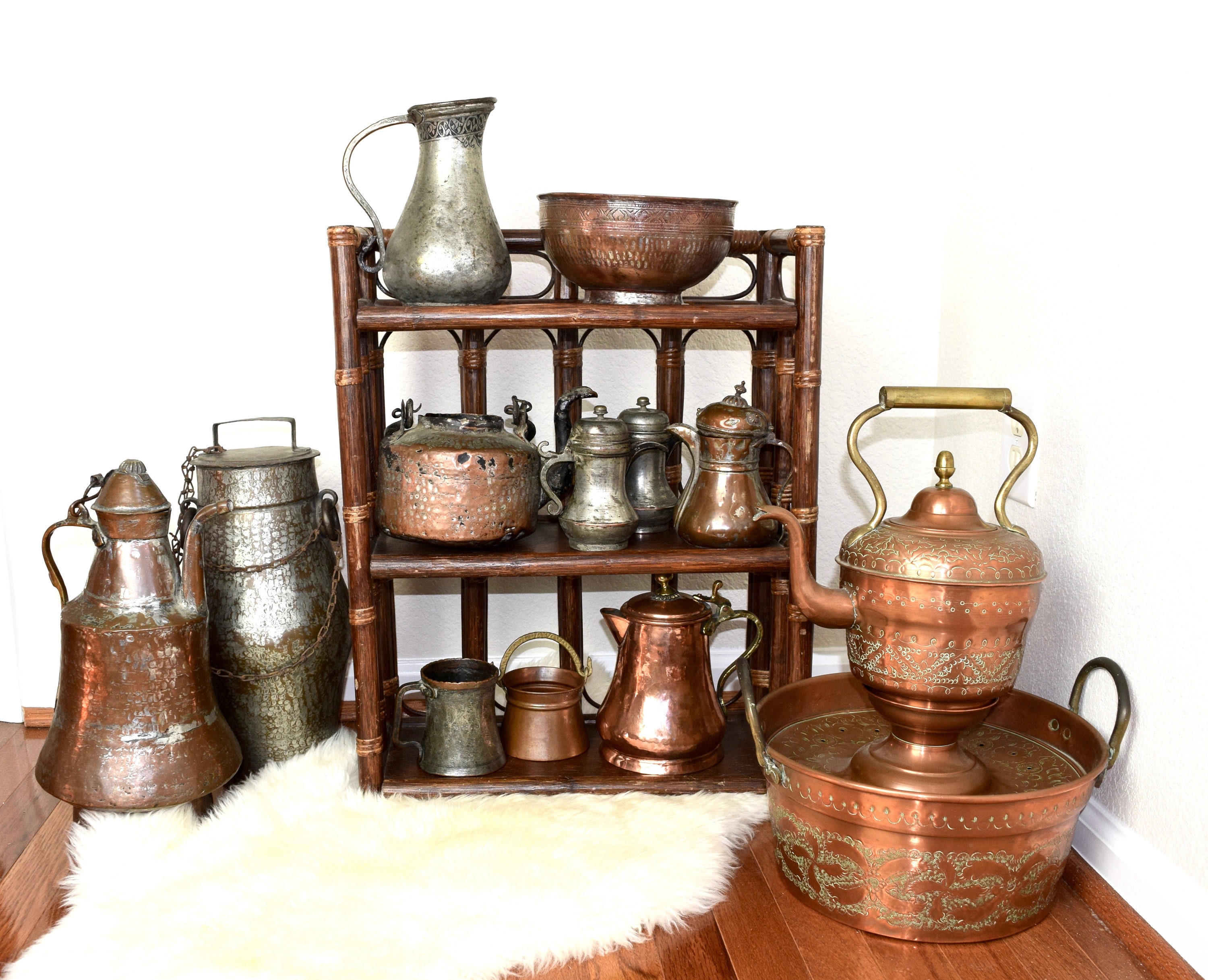 Antique Middle Eastern Copper Vessel With Chain...tinned Copper Water ...