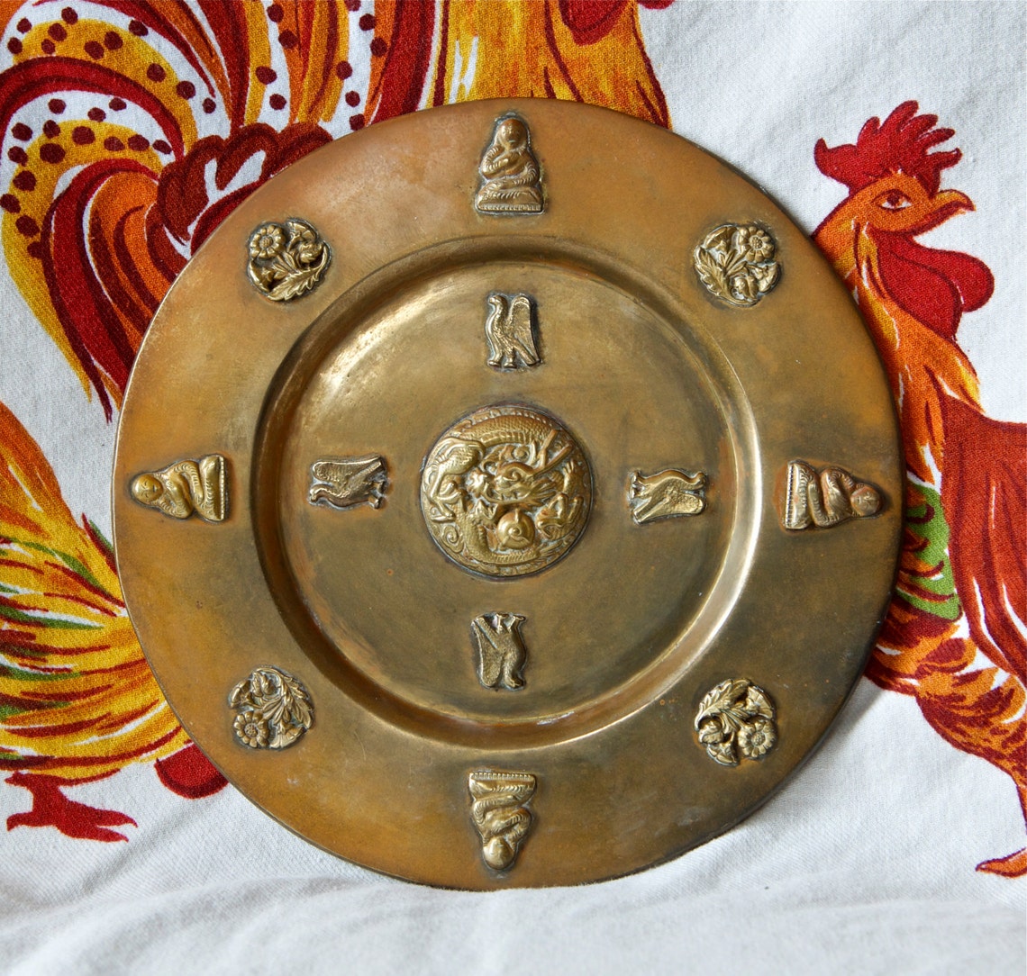Vintage Brass Buddha Plate...applied Brass Dragon, Buddhas, Birds and ...