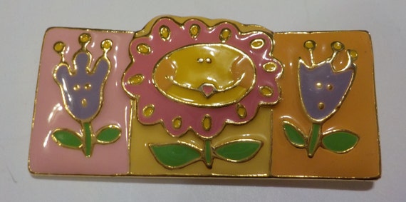 Vintage SFJ Enamel Tulips & Smiley Face Flower Brooch… - Gem