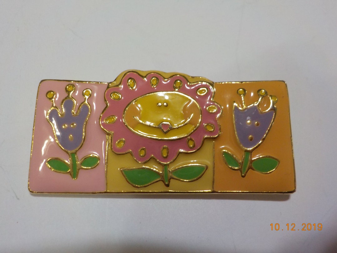 Vintage SFJ Enamel Tulips & Smiley Face Flower Brooch (4569) - Etsy