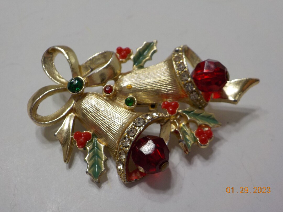 Vintage Gold Tone Christmas Bells Brooch (7706) Red Plastic Clappers - Etsy