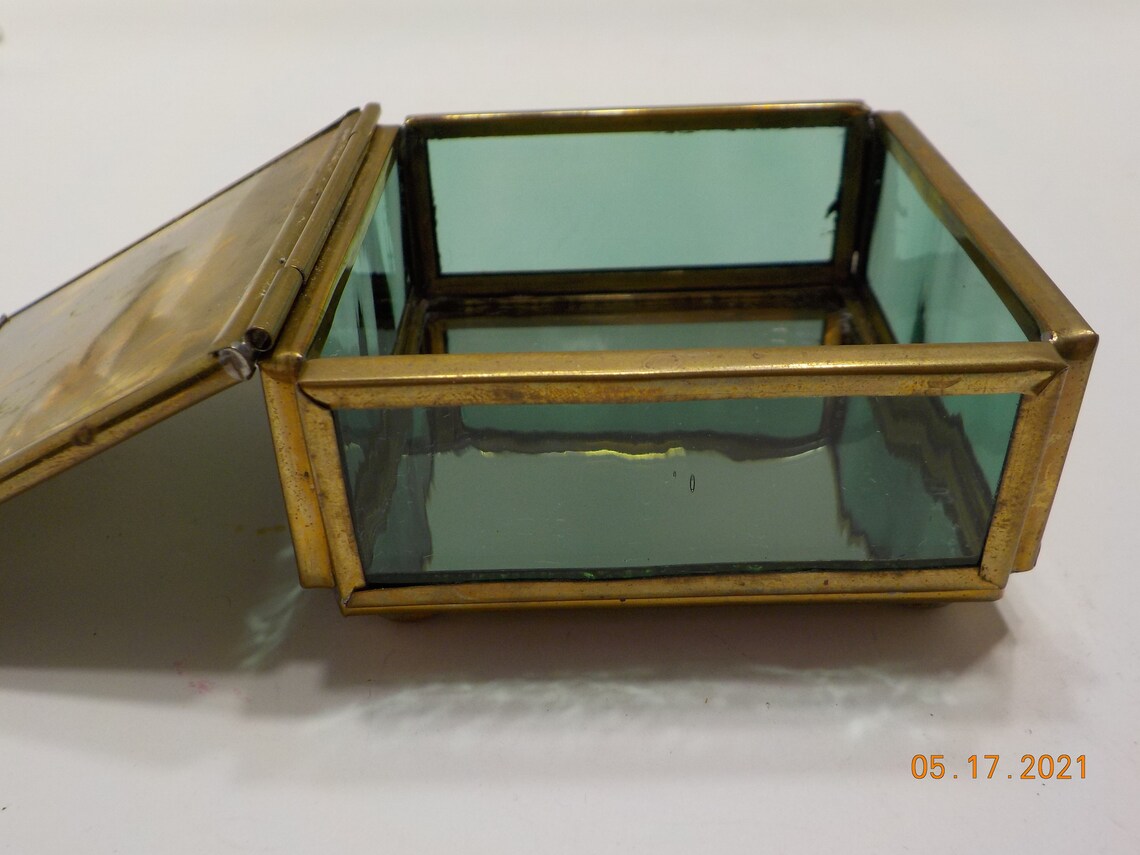 Vintage Square Brass & Emerald Green Glass Trinket Box 33 | Etsy