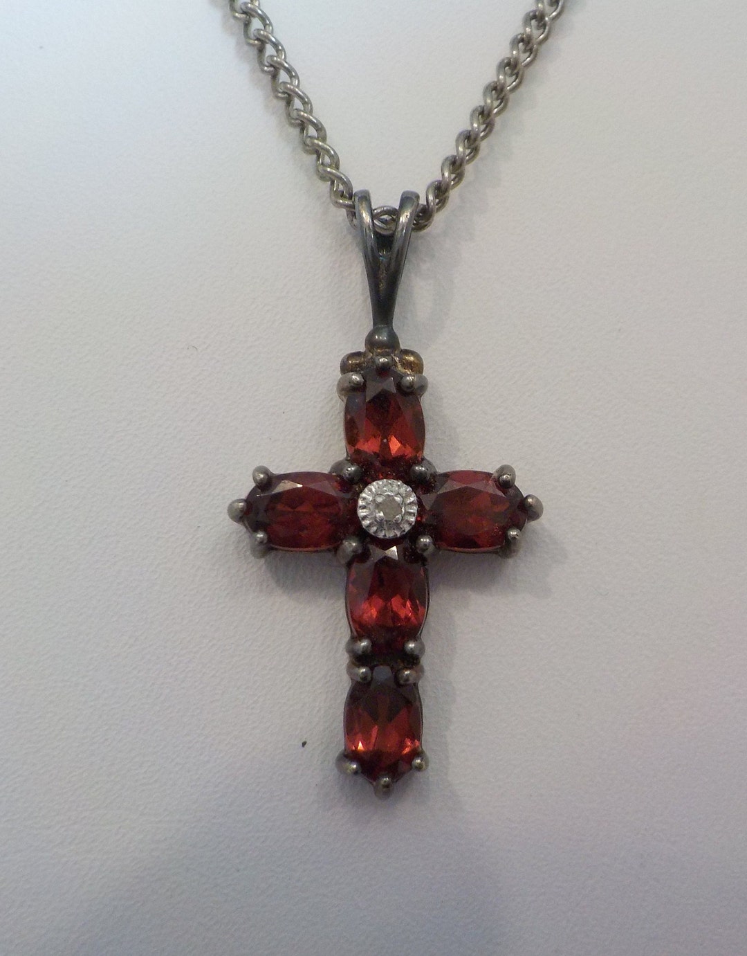 Vintage Sterling & Dark Red Crystal Cross Pendant Necklace 3544 ...
