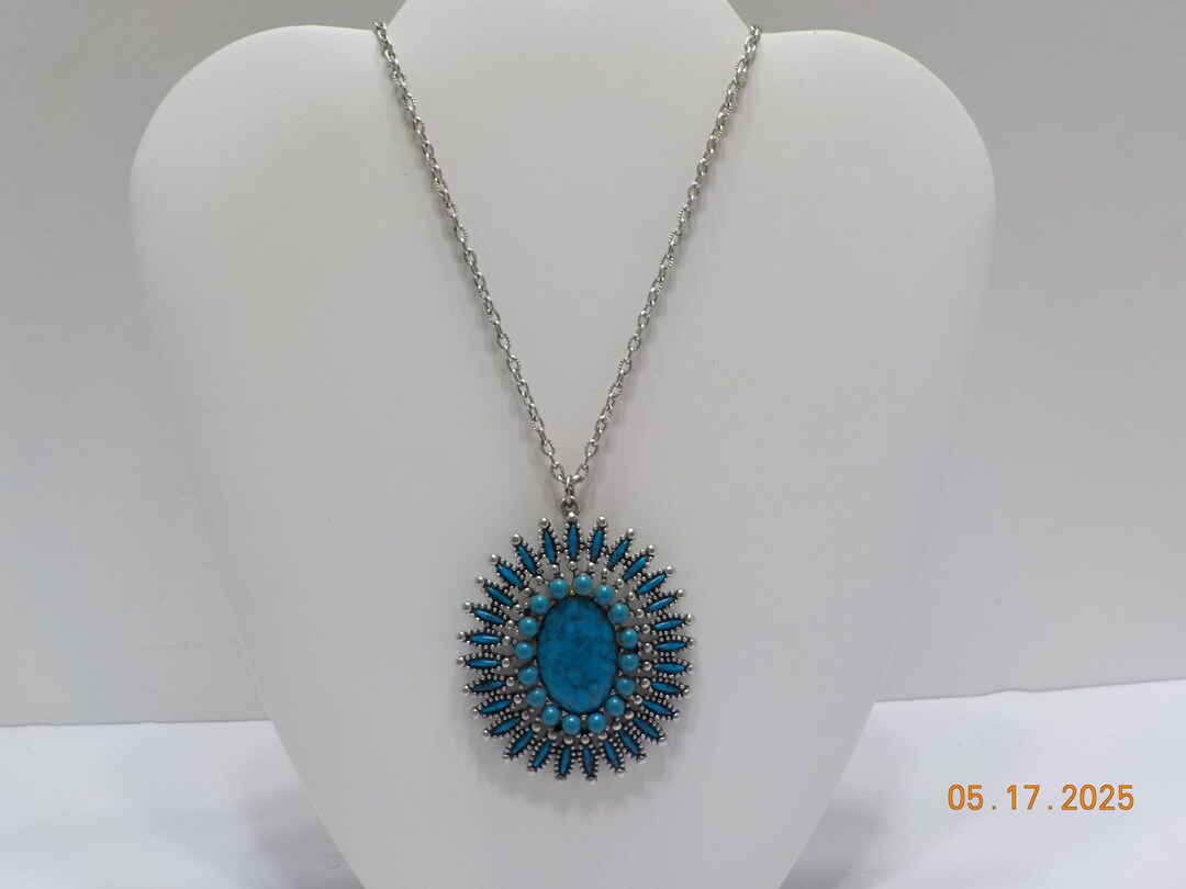 Vintage Faux Turquoise Sunburst Pendant Necklace (5371) 24" Chain - Etsy