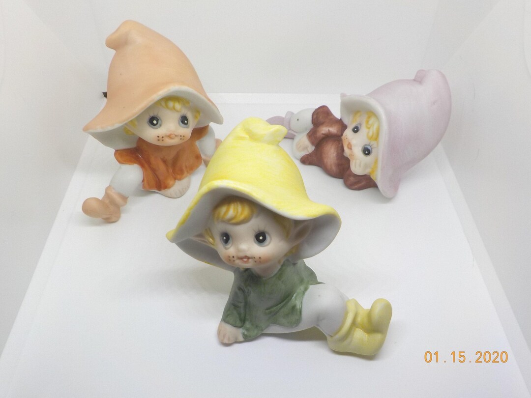 Vintage Homco 5213 (home Interiors) Porcelain Pixie Elves (19-3) Set of ...