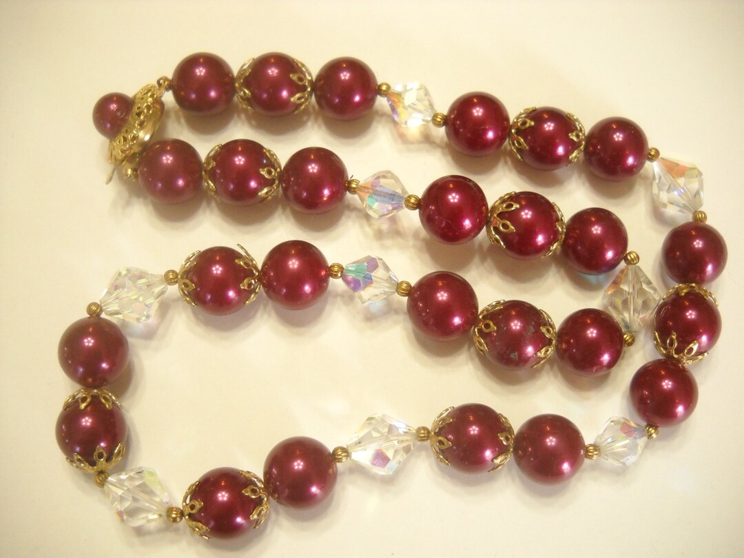Vintage 22" Crystal & Maroon Beaded Necklace (6113) Gorgeous! - Etsy
