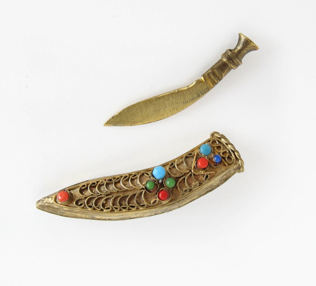 Vintage Brass Curved Blade Dagger Brooch Removable Jambiya Knife ...