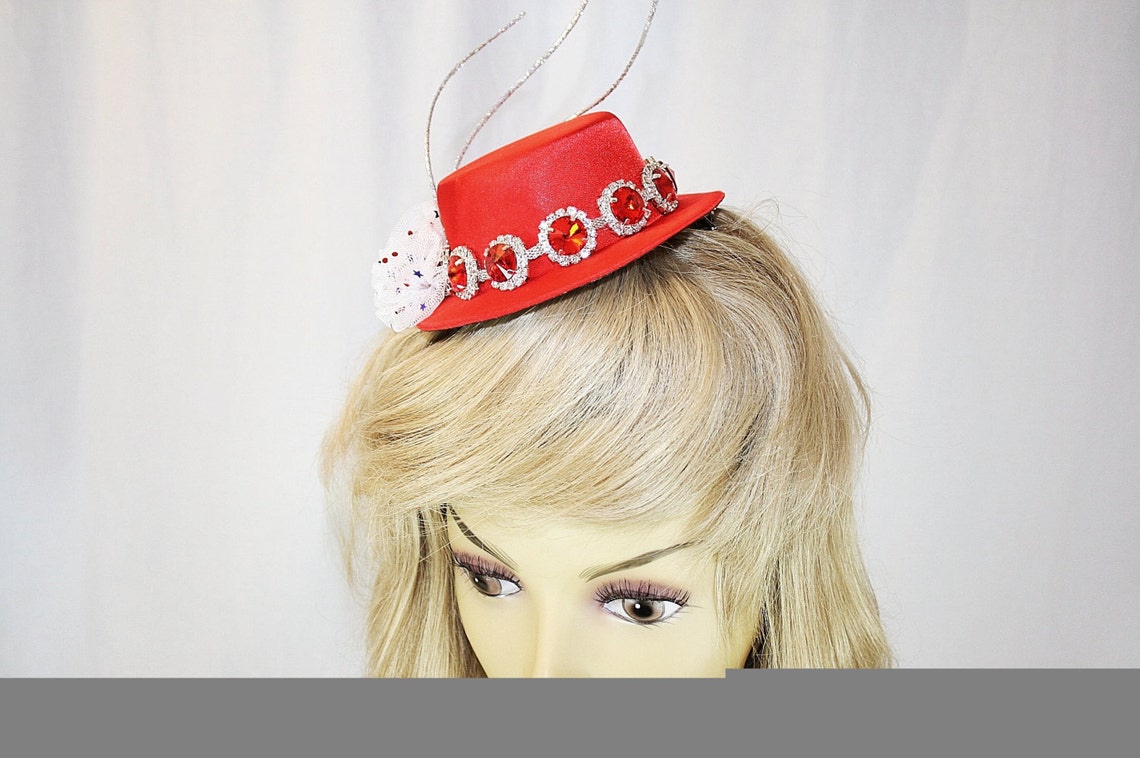 Red Satin Mini Top Hat With Red Rhinestones Tulle Flowers Silver ...