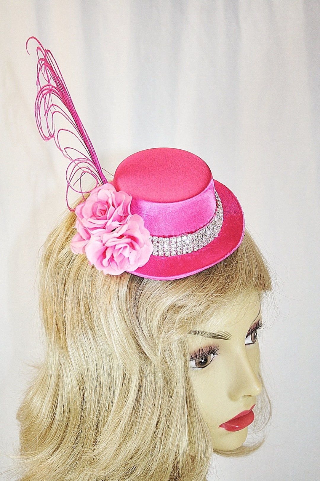 Hot Pink Mini Top Hat Fascinator Rhinestone Mini Top Hat Wedding Hat ...