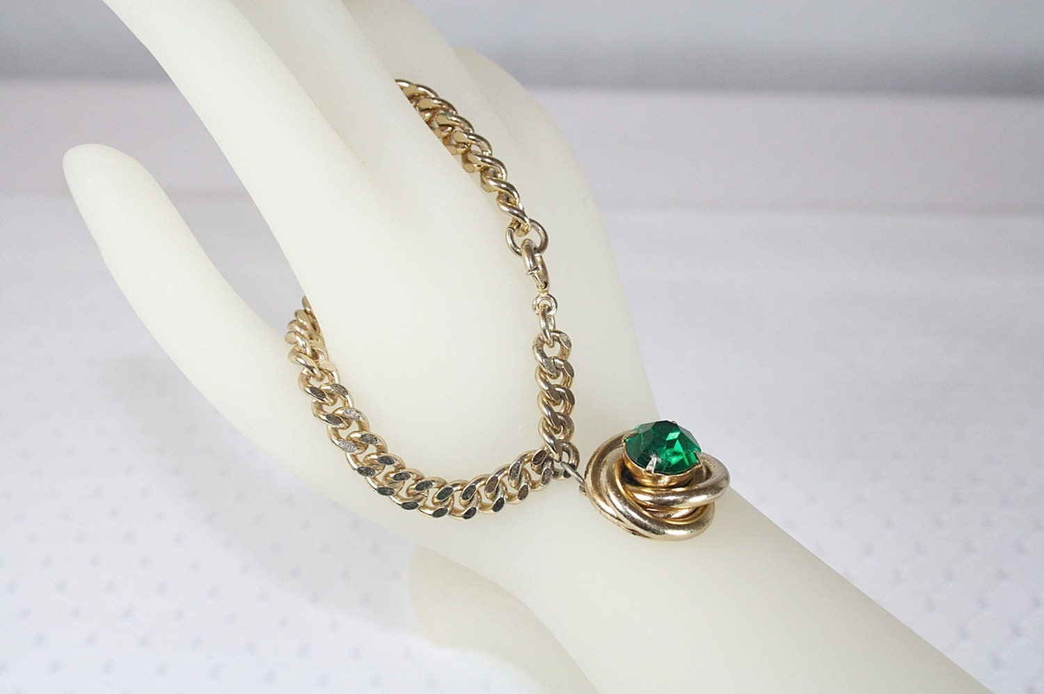 Emerald Green Rhinestone Charm Bracelet Goldtone Chain Link Bracelet ...