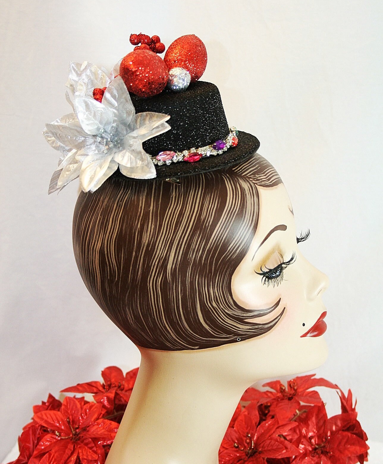 Glittery Red Christmas Bulb Mini Top Hat Christmas Fascinator Hat ...