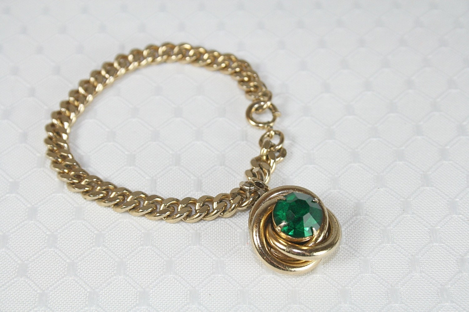 Emerald Green Rhinestone Charm Bracelet Goldtone Chain Link Bracelet ...