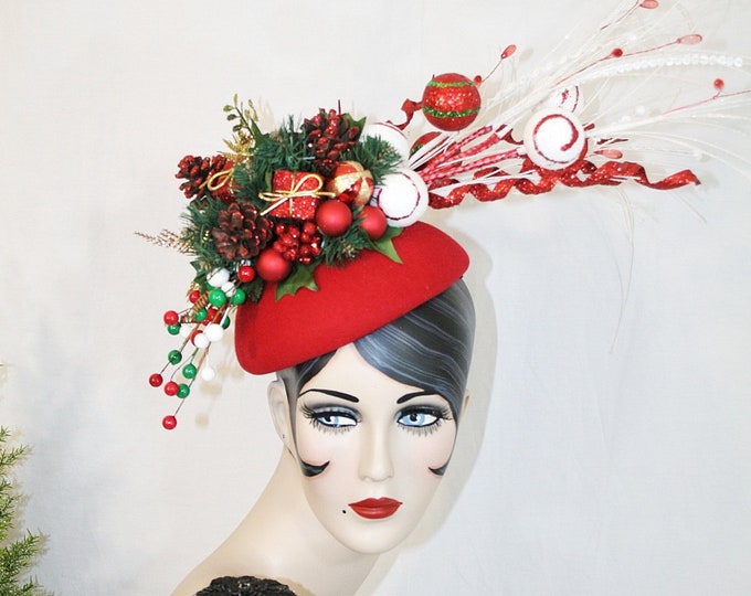 Red Christmas Fascinator Hat With Gilttery Pinecones Christmas ...