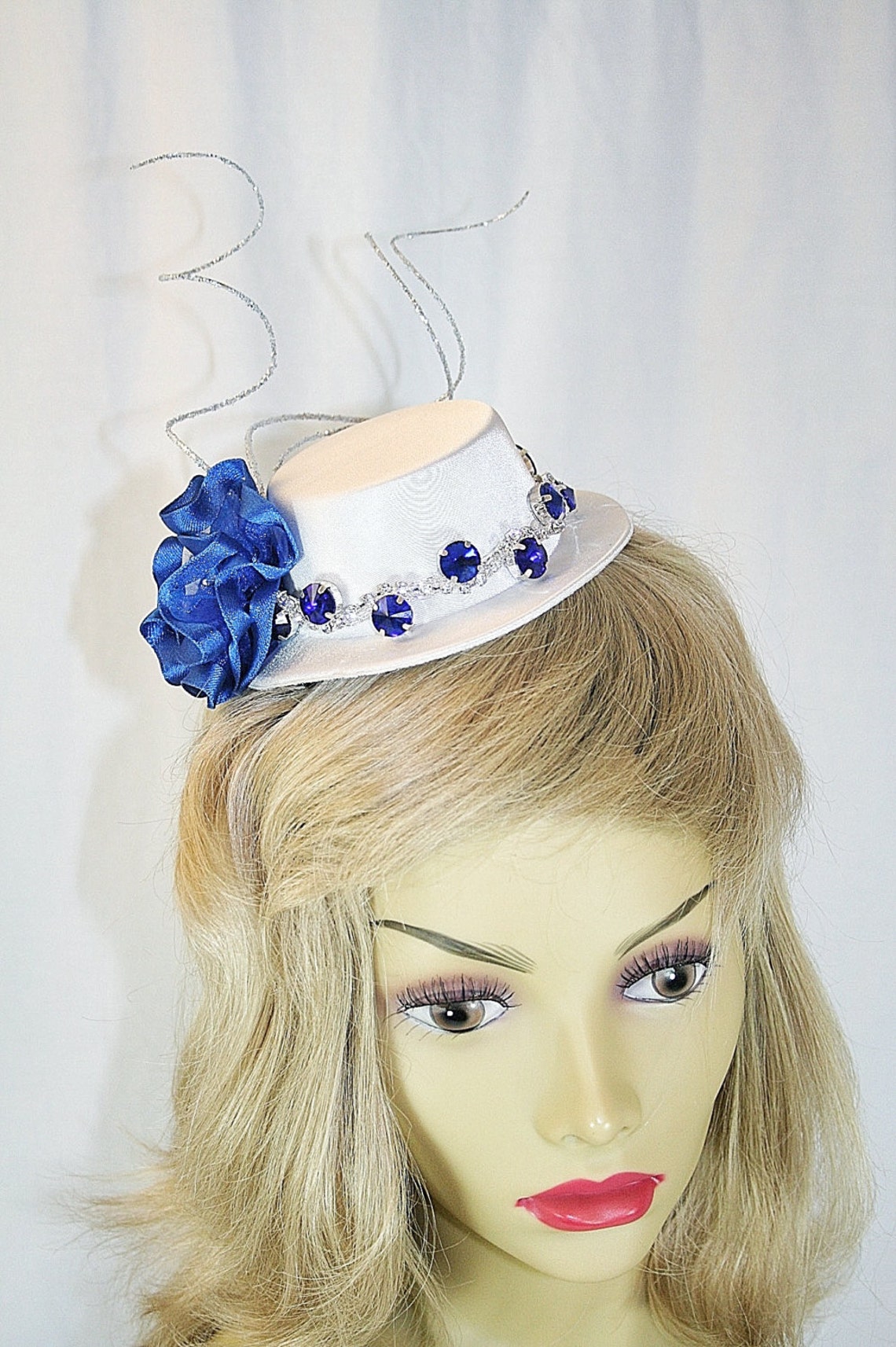 White Satin Mini Top Hat With Blue Rhinestones Blue Flower Hat - Etsy