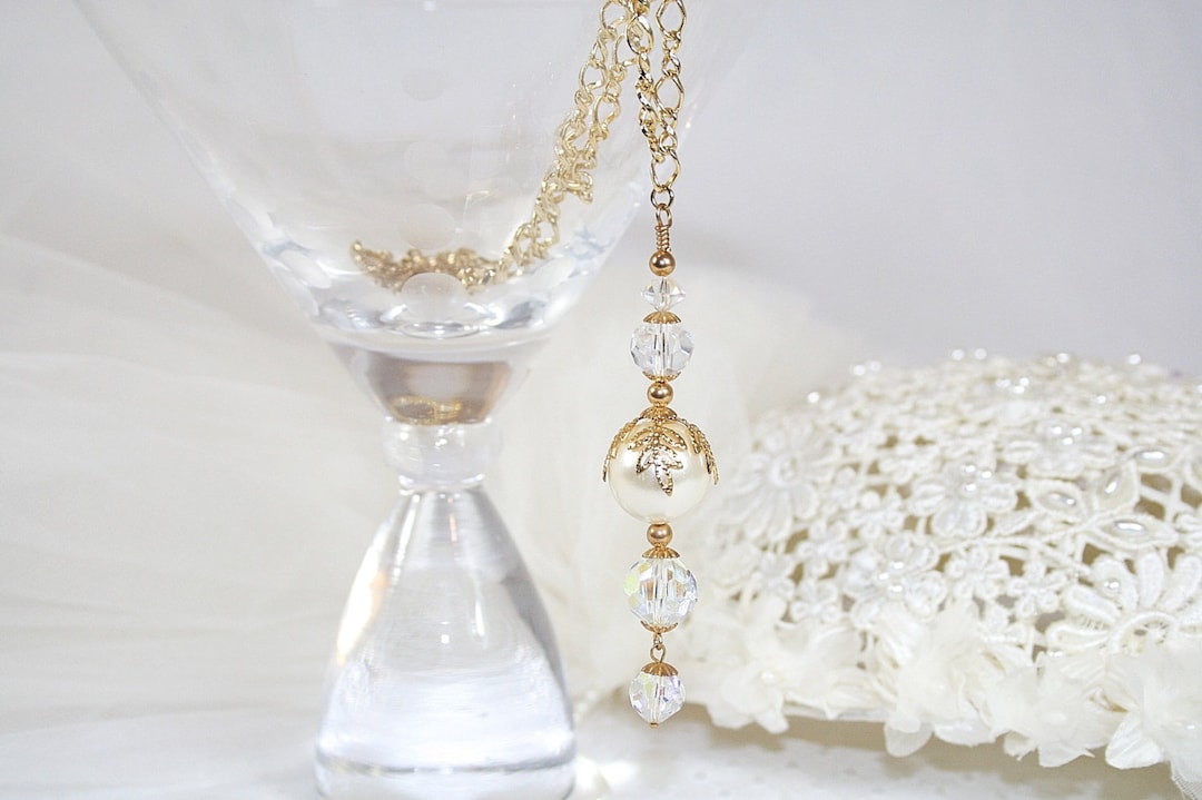 Faux Pearl and Crystal Pendant Necklace Handcrafted From Vintage ...