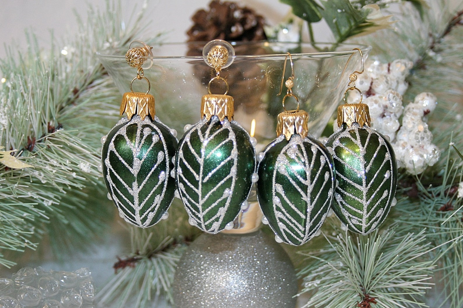 Dark Green Ornament Earrings Elegant Christmas Ornament Earrings Silver ...
