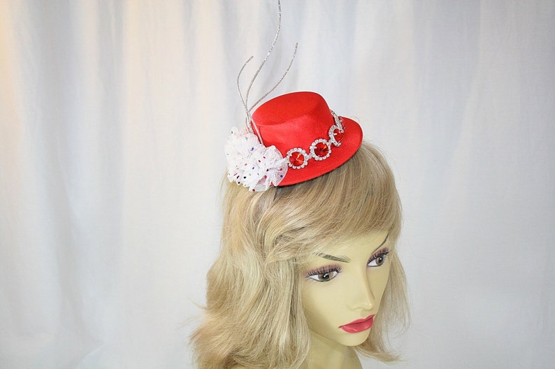 Red Satin Mini Top Hat With Red Rhinestones Tulle Flowers Silver ...