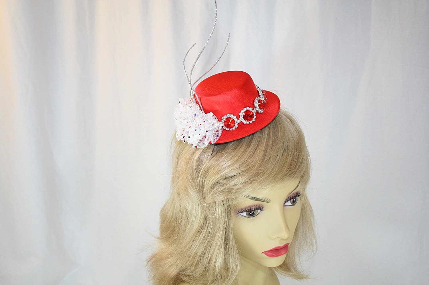 Red Satin Mini Top Hat With Red Rhinestones Tulle Flowers Silver ...