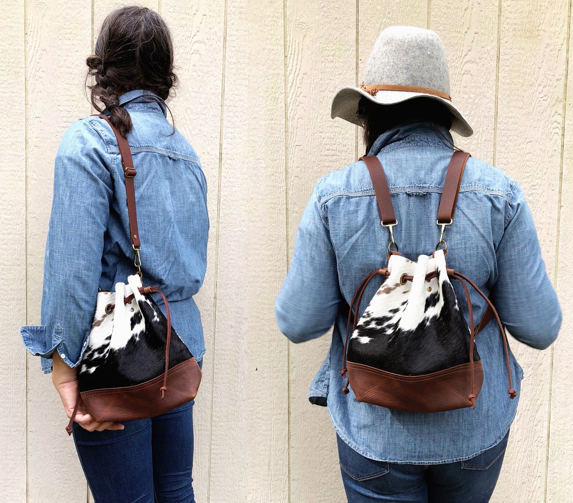 Convertible Wool and Leather Bucket Bag Backpack Tote Western Cowhide ...