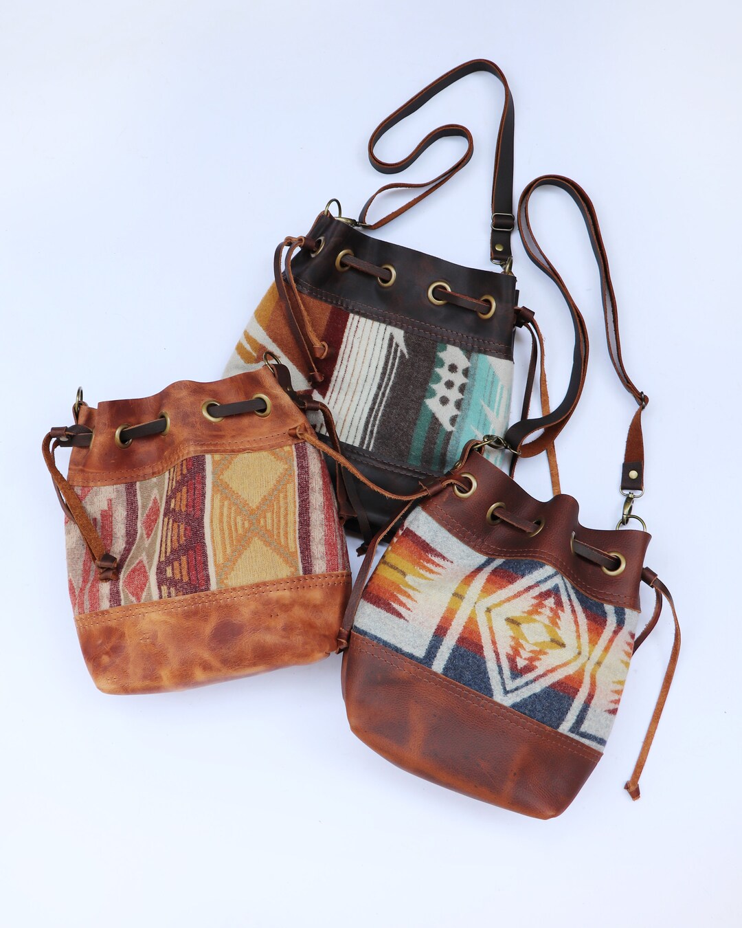 Convertible Drawstring Bucket Bag Backpack Tote With Wool Panel - Brown ...