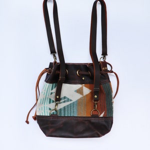 Convertible Drawstring Bucket Bag Backpack Tote With Wool Panel - Brown ...
