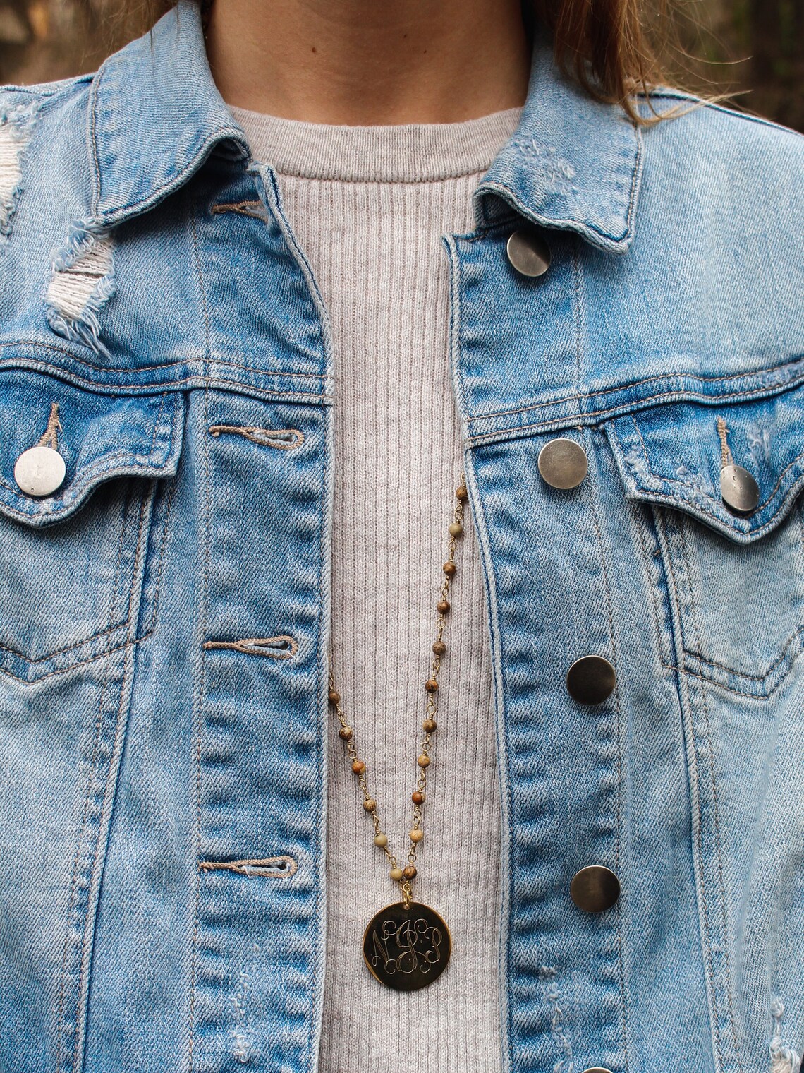 Long Monogram Necklace Gold and Brown Jasper Stone or Silver - Etsy