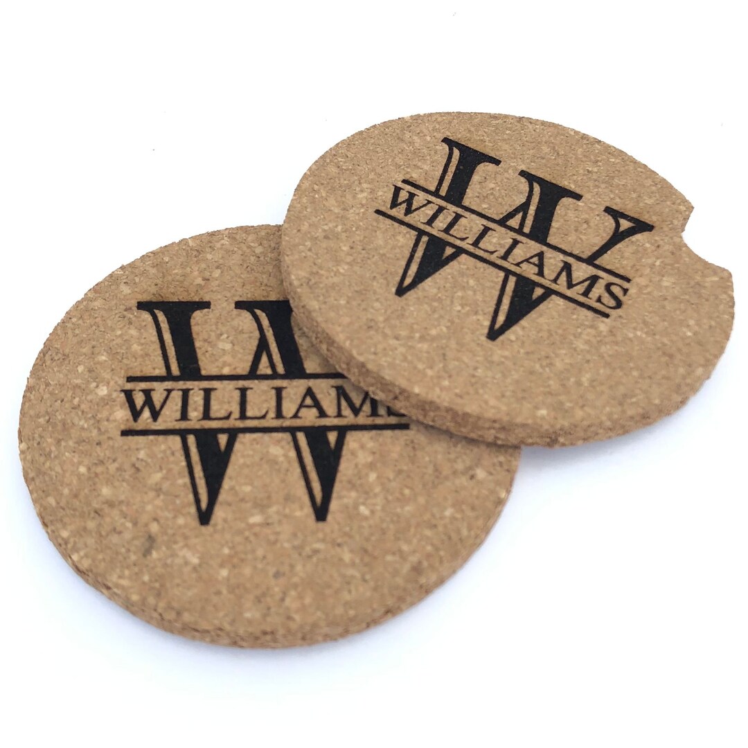 Split Monogram Car Coasters, Set of Two Cork Custom Drink Holder ...