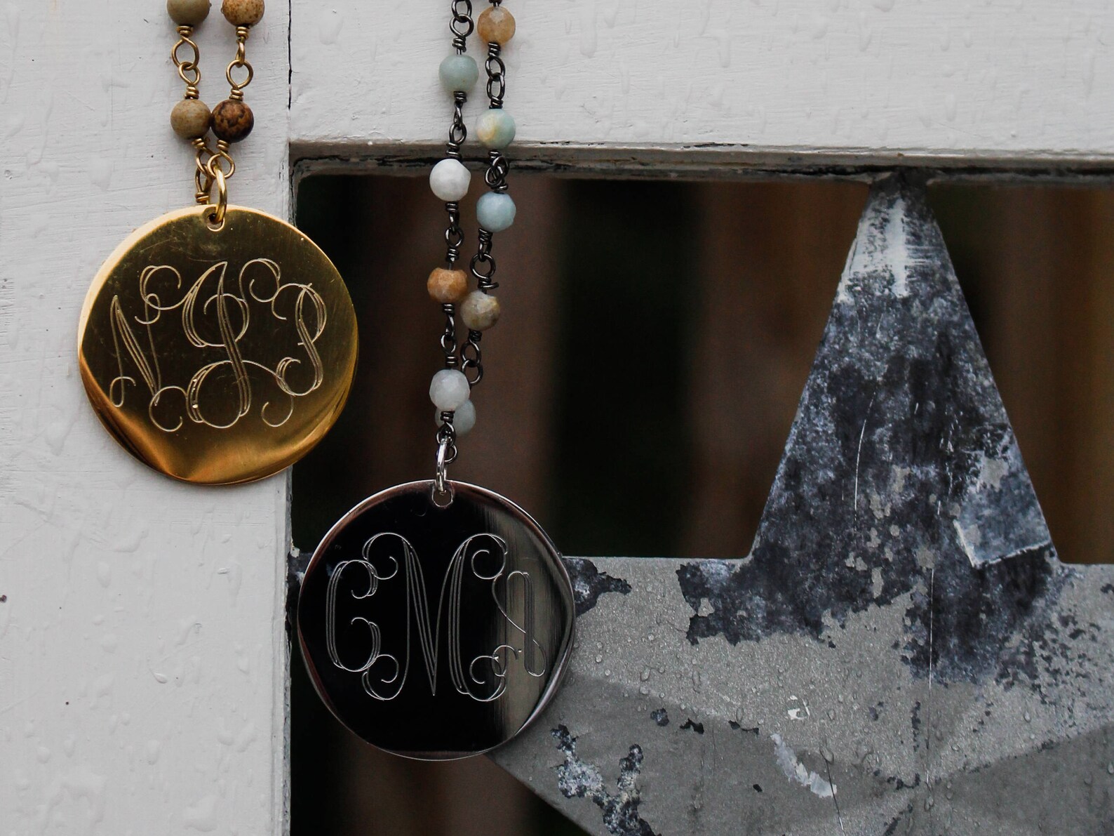 Long Monogram Necklace Gold and Brown Jasper Stone or Silver - Etsy