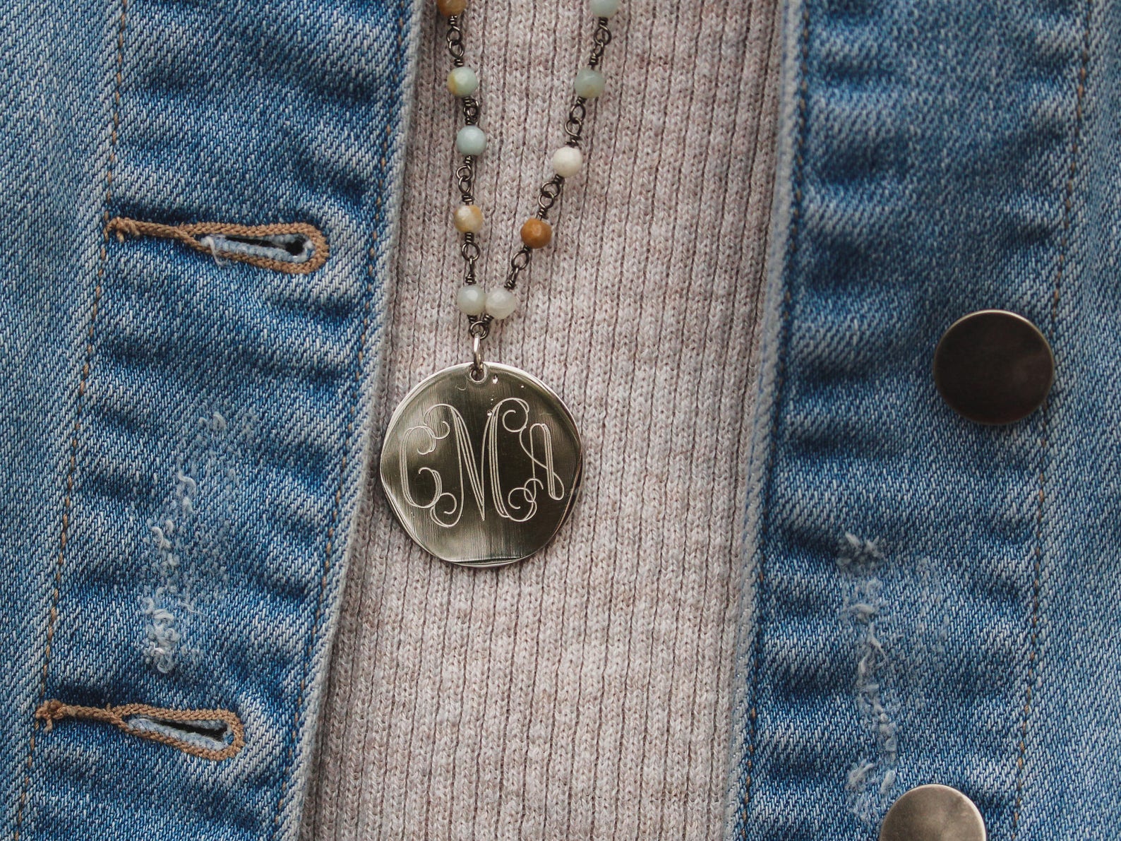 Long Monogram Necklace Gold and Brown Jasper Stone or Silver - Etsy