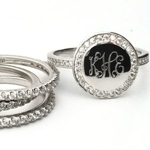 Rose Gold Ring Set, Monogram Stacking Ring Personalized, Monogrammed Ring CZ, Sterling Silver ...