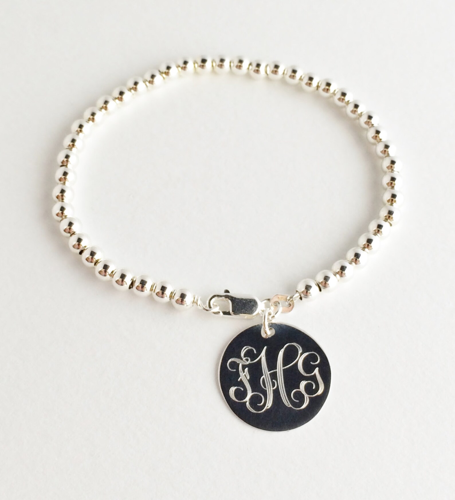 Sterling Silver Bead Monogram Bracelet - 4mm Silver Beads With ...