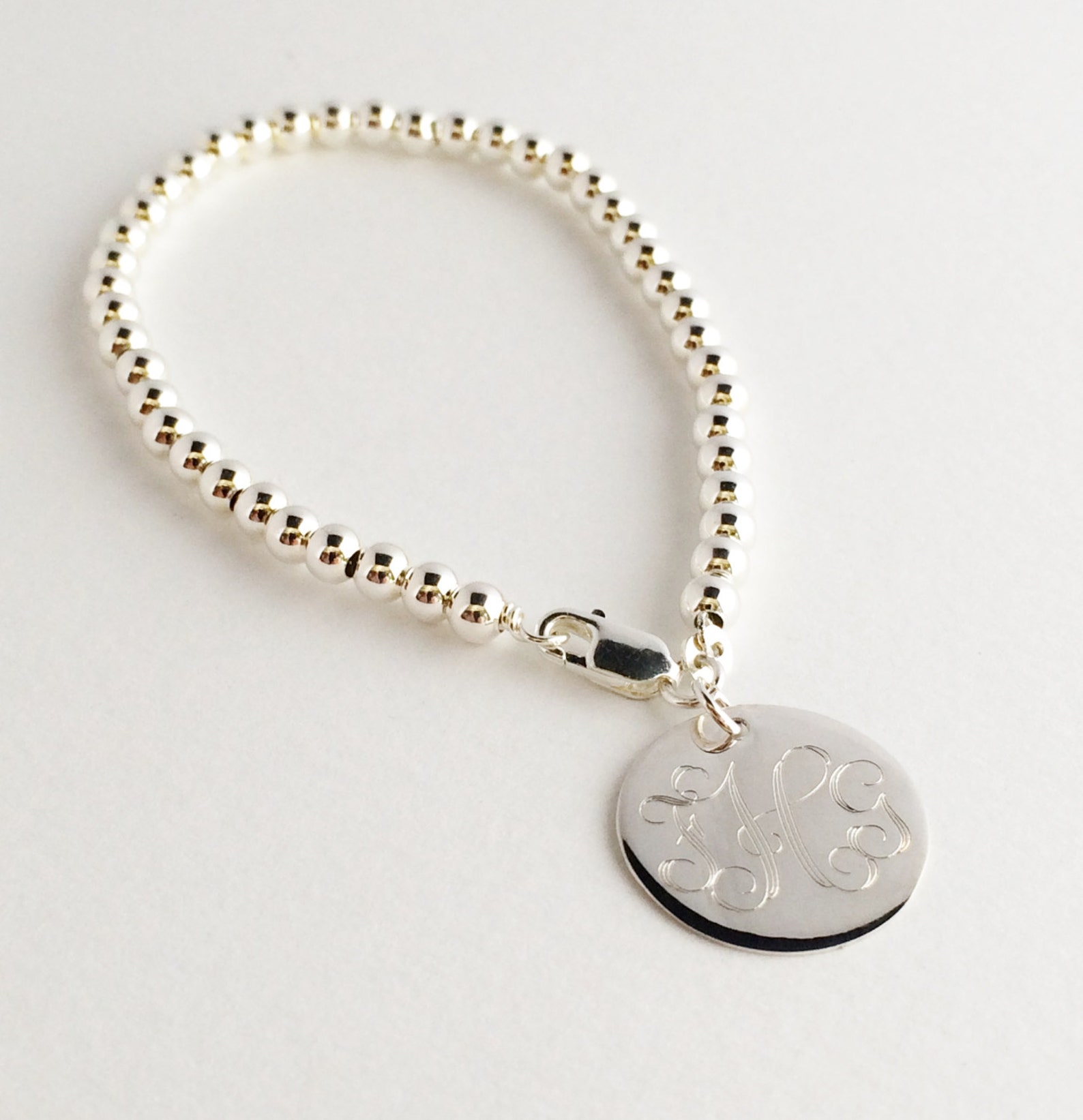 Sterling Silver Bead Monogram Bracelet - 4mm Silver Beads With ...