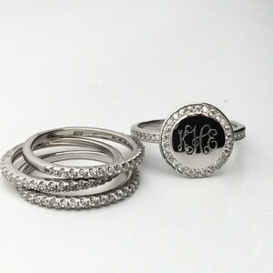 Monogram Stacking Ring Personalized, Monogrammed Sterling Silver Ring CZ, Signet Ring Silver ...