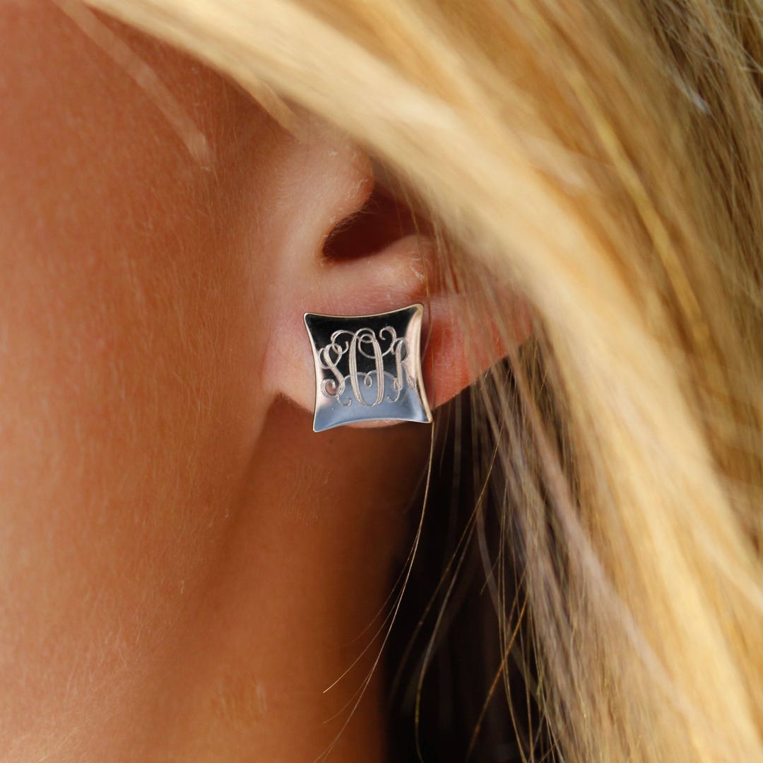 Monogrammed Earrings Studs Silver, Monogram Earrings Gold Studs Square ...