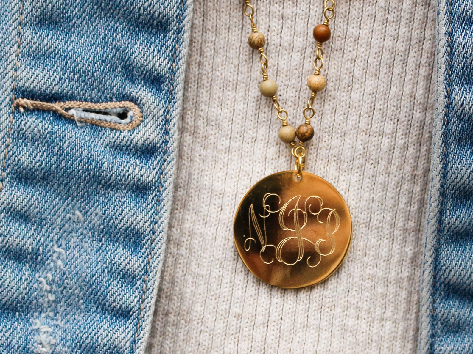 Long Monogram Necklace Gold and Brown Jasper Stone or Silver - Etsy