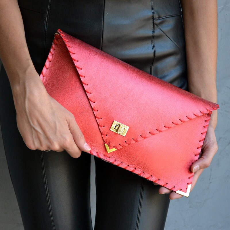 Red Leather Clutch - Etsy