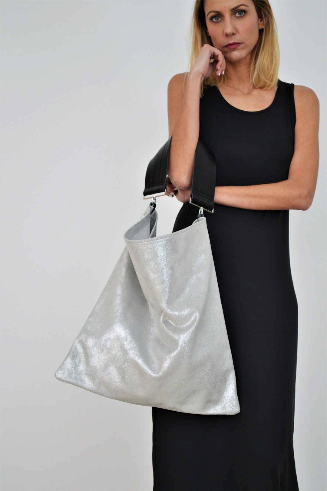 Akathi Sparkling Silver Bag, Silver Leather Hobo Bag, Silver Large ...