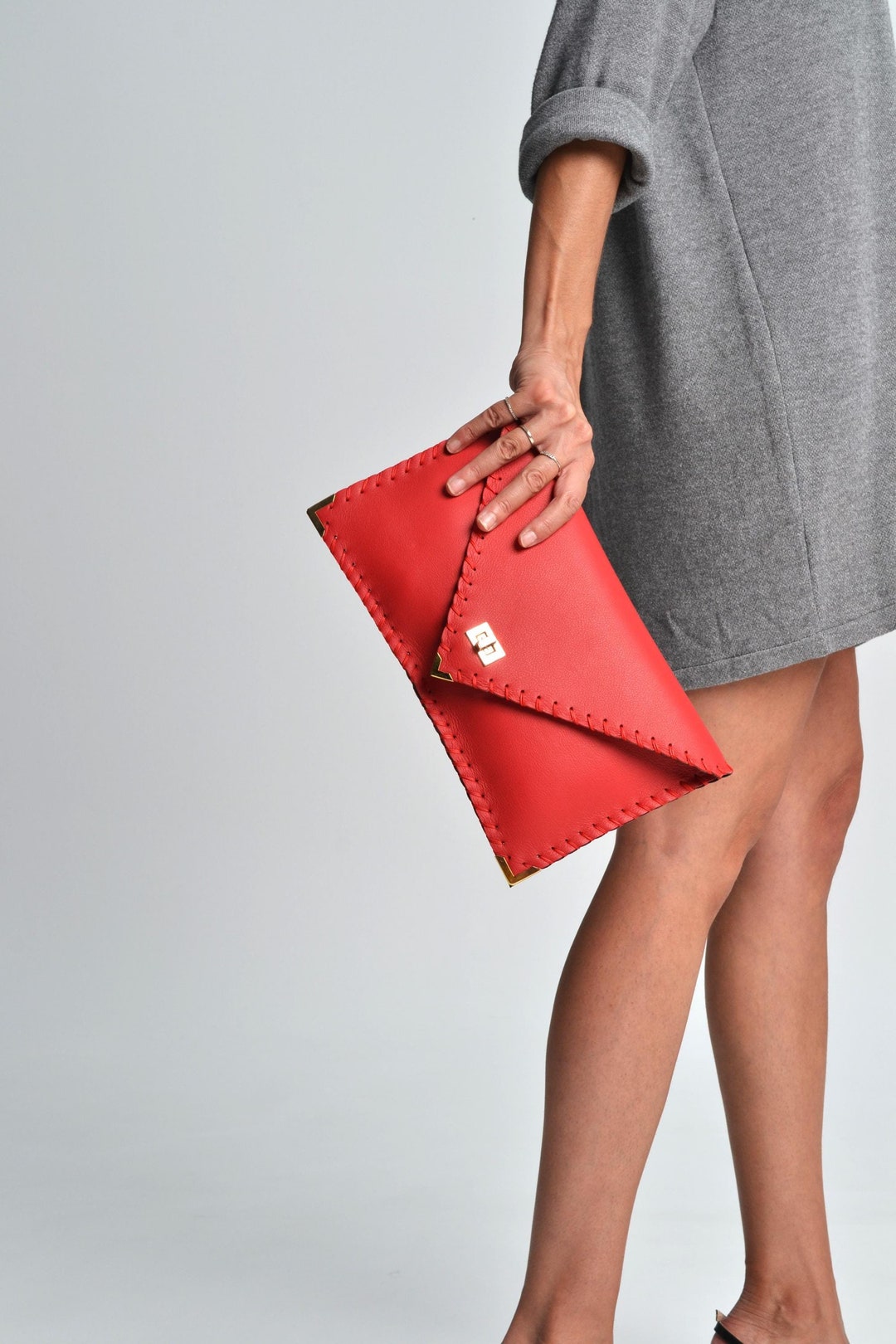 Red Leather Envelope Clutch Bag: Italian Leather Evening Purse - Etsy