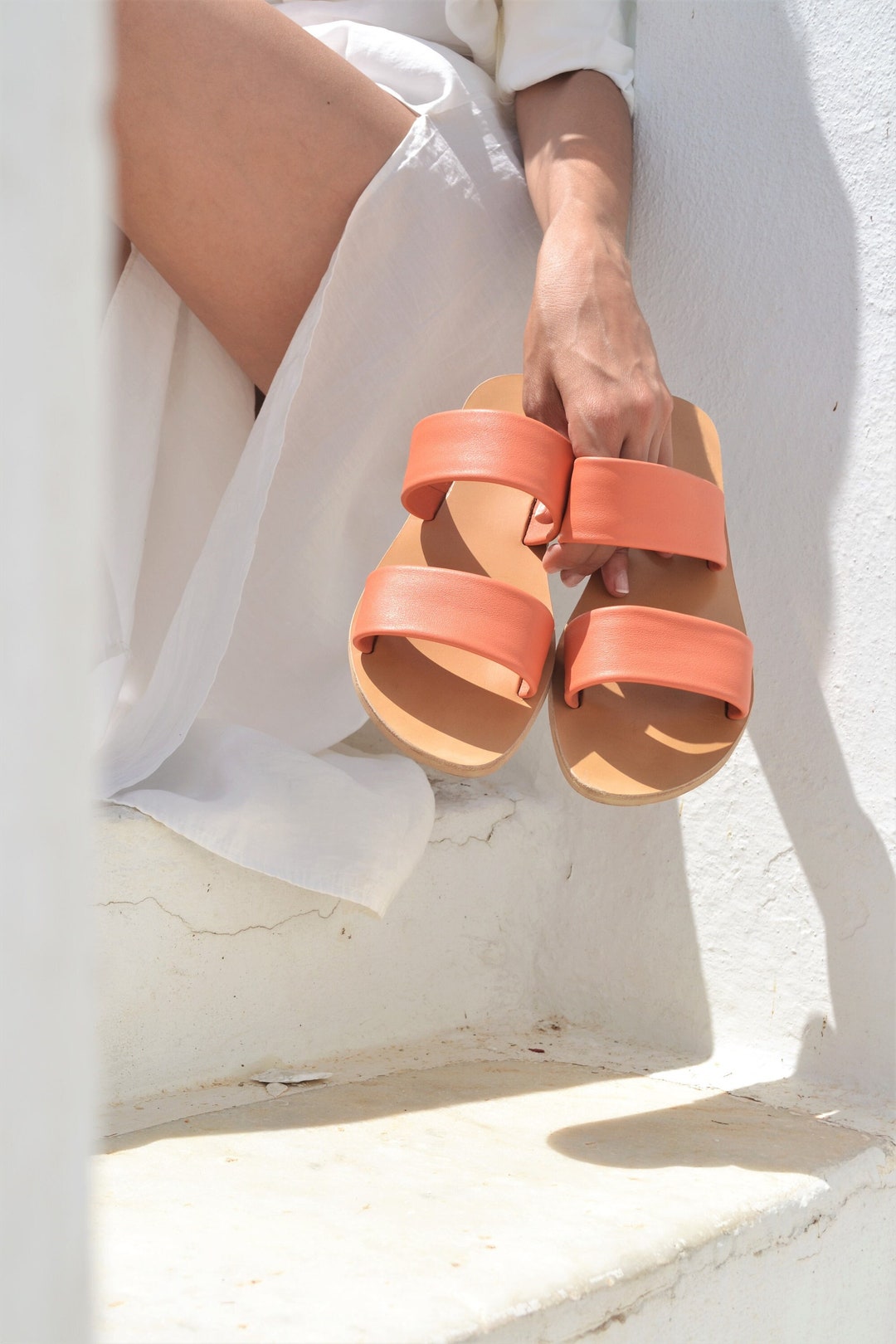 Thioni Coral Sandals, Women Coral Leather Sandals, Greek Sandals ...