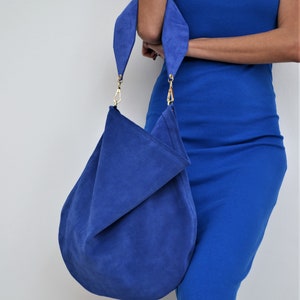 Anna Soft Blue Hobo Bag, Blue Suede Leather Bag, Blue Large Shoulder ...