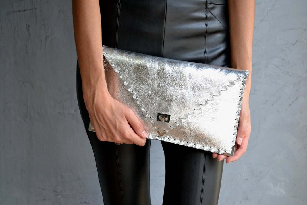 Silver Leather Clutch Bag: Handmade Italian Leather Evening Purse - Etsy