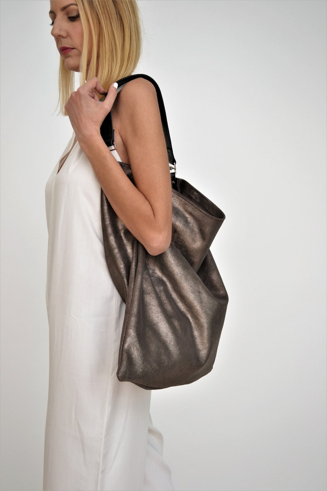 Akathi Sparkling Taupe Bag, Taupe Leather Hobo Bag, Taupe Gray Shoulder ...