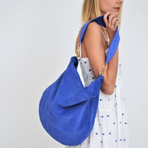 Anna Soft Blue Hobo Bag, Blue Suede Leather Bag, Blue Large Shoulder ...