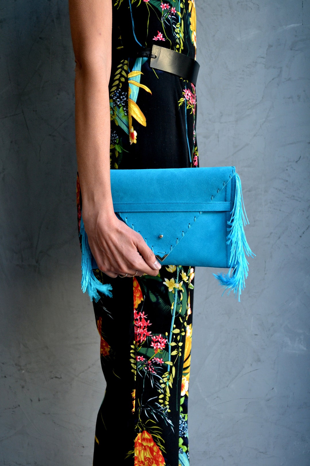 Small Medusa Clutch, Turquoise Fringes Leather Clutch, Turquoise ...