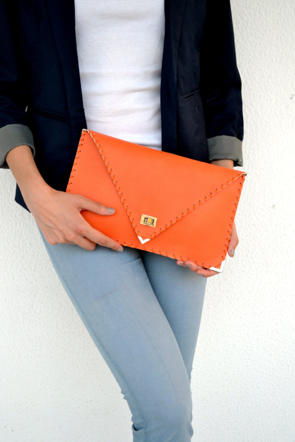 Orange Leather Clutch / Handmade Leather Bag / Orange Italian | Etsy