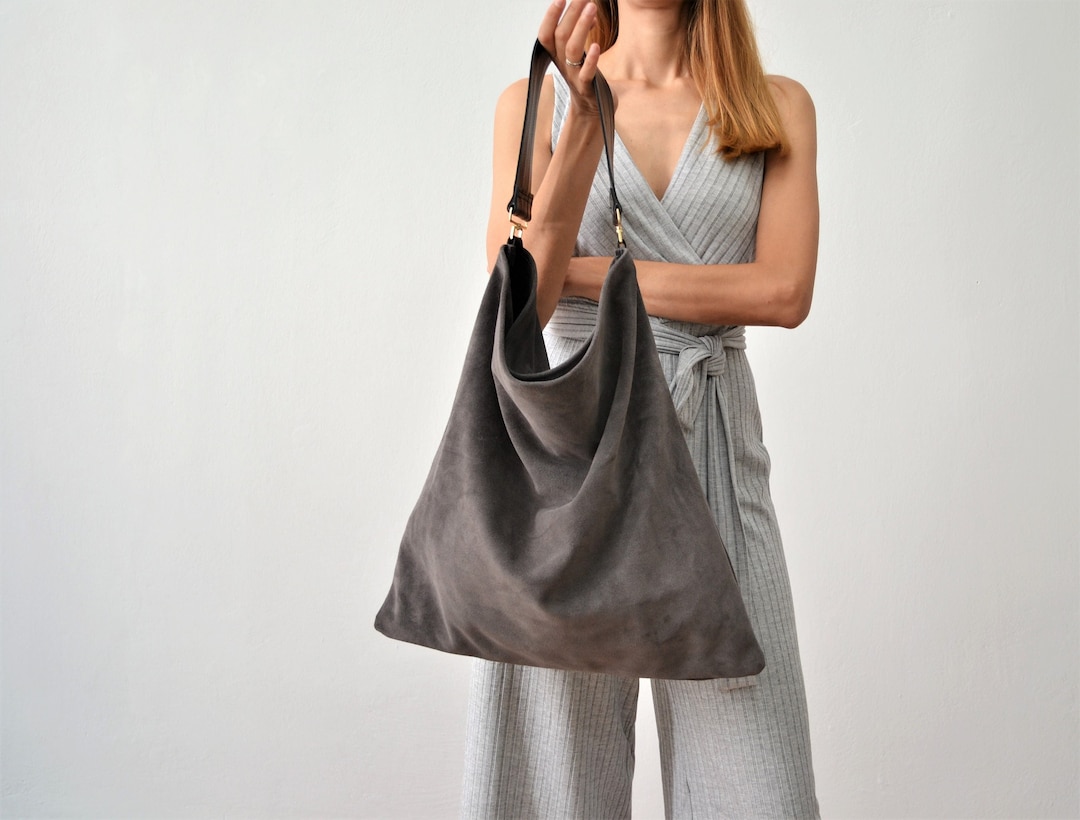 Akathi Dark Gray Bag, Gray Leather Shopper Bag, Dark Gray Large Tote ...