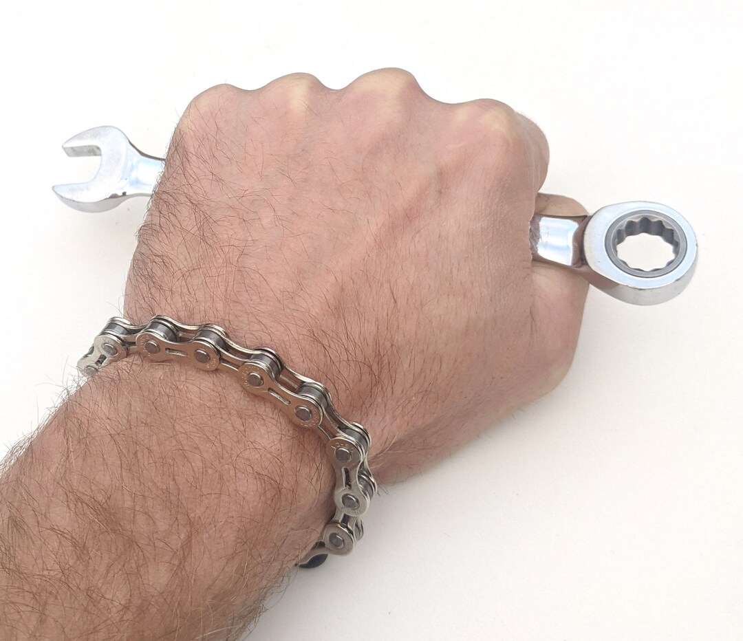 Chunky Silver Bike Chain Bracelet & Silver Wrist Band Mens Guys Womens ...