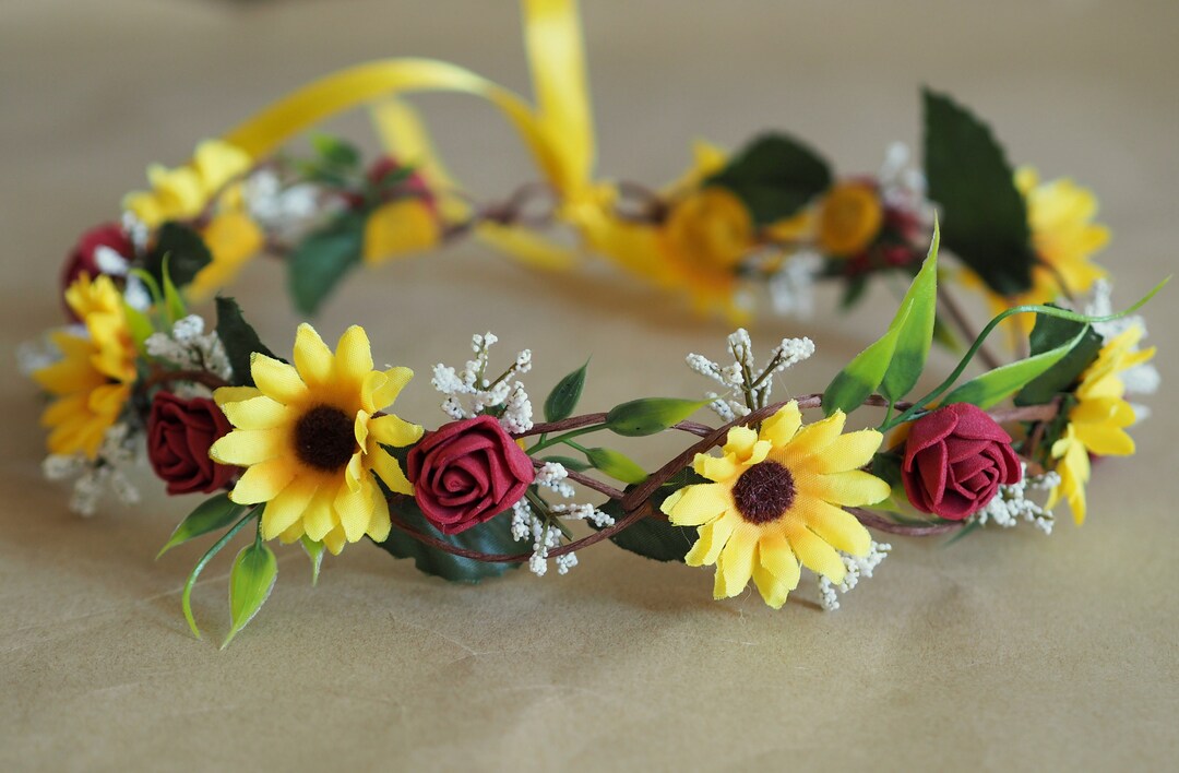 Sunflower and Rose Flower Crown – Rustic Yellow & Burgundy Floral ...